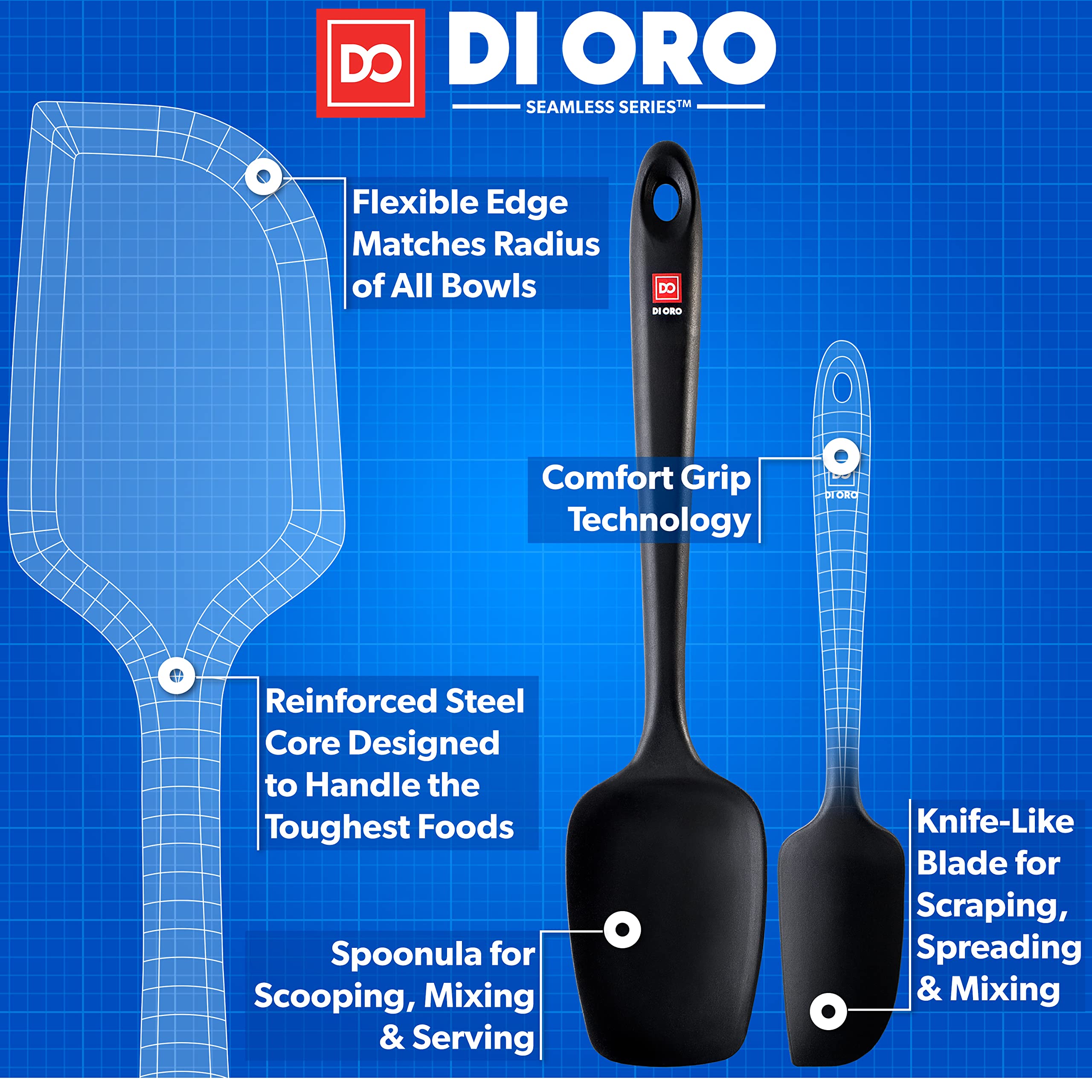 DI ORO 8-Piece Silicone Kitchen Utensil Set - 600°F Heat-Resistant Nonstick Flexible Seamless Silicone Turner Spatulas, Spoons, & Ladle - Nonstick Cookware Safe Tools for Baking & Cooking - BPA Free