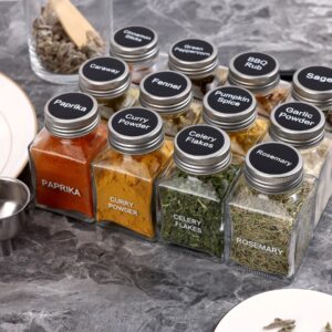 MIUKAA 49-Pack Cube Glass Spice Jars with 372 Labels, 49 Shakers, Lids, 4.5 oz Empty Square Spice Bottle, Reusable Clear Kitchen Spice Storage Containers