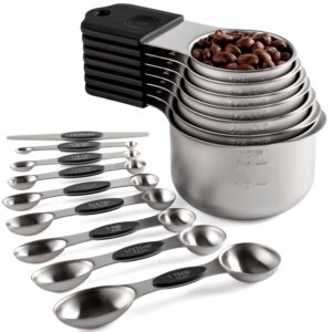 magnetic measuring cups and spoons set including 7 stainless steel stackable measuring cup 8 double sided magnetic measuring spoons with 1 leveler for dry and liquid ingredients (black)