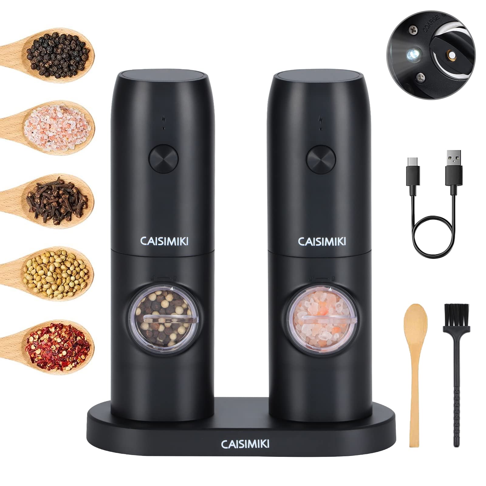 CAISIMIKI Electric Salt and Pepper Grinder Set 2 Pack Rechargeable Pepper Mill Automatic Pepper Shaker One-Handed Operation Adjustable Coarseness with Dual Charging Base LED Light