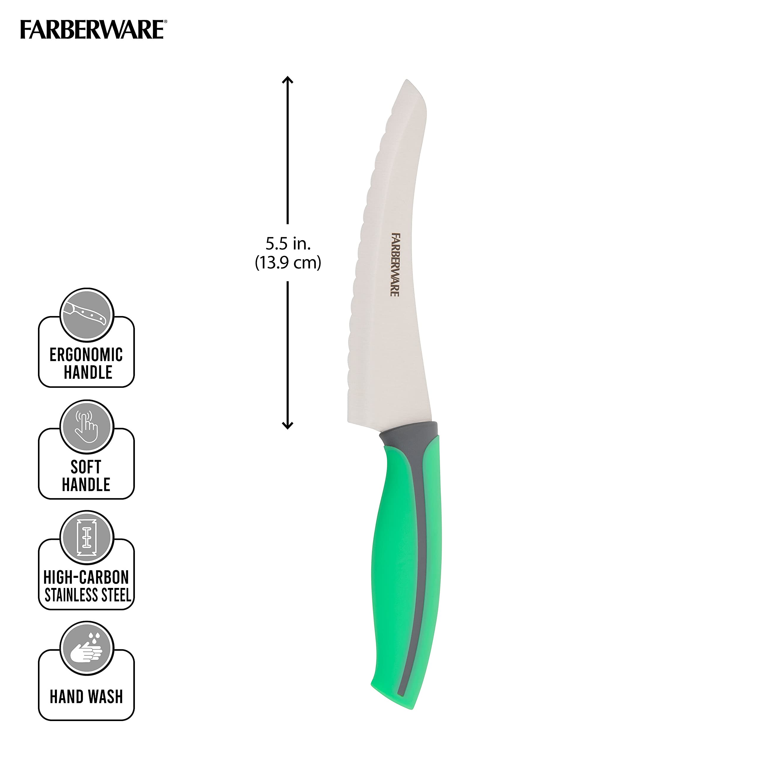 Farberware Soft Grip Serrated Utility Knife, 5.5-Inch, Green