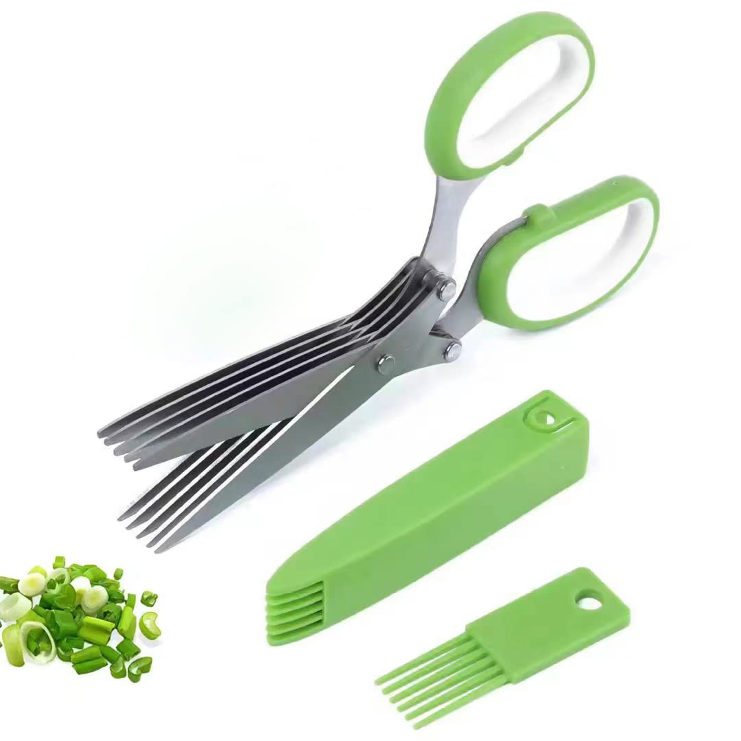 Herb Scissors, Kitchen Shears with 5 Blades and Cover, Multipurpose Cutting Herb Stripper, Kitchen Shears Dishwasher Safe, Kitchen Scissors for Cutting Herbs and Papers, Green