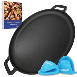 16 inch cast iron pizza pan round griddle by starblue with free silicone handles and 30 recipes ebook– pre-seasoned comal, kitchen essentials for pizza lovers, baking, grill, bbq, stove oven safe