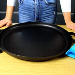 16 Inch Cast Iron Pizza Pan Round Griddle by StarBlue with FREE Silicone Handles and 30 Recipes Ebook– Pre-Seasoned Comal, Kitchen Essentials for Pizza Lovers, Baking, Grill, BBQ, Stove Oven Safe