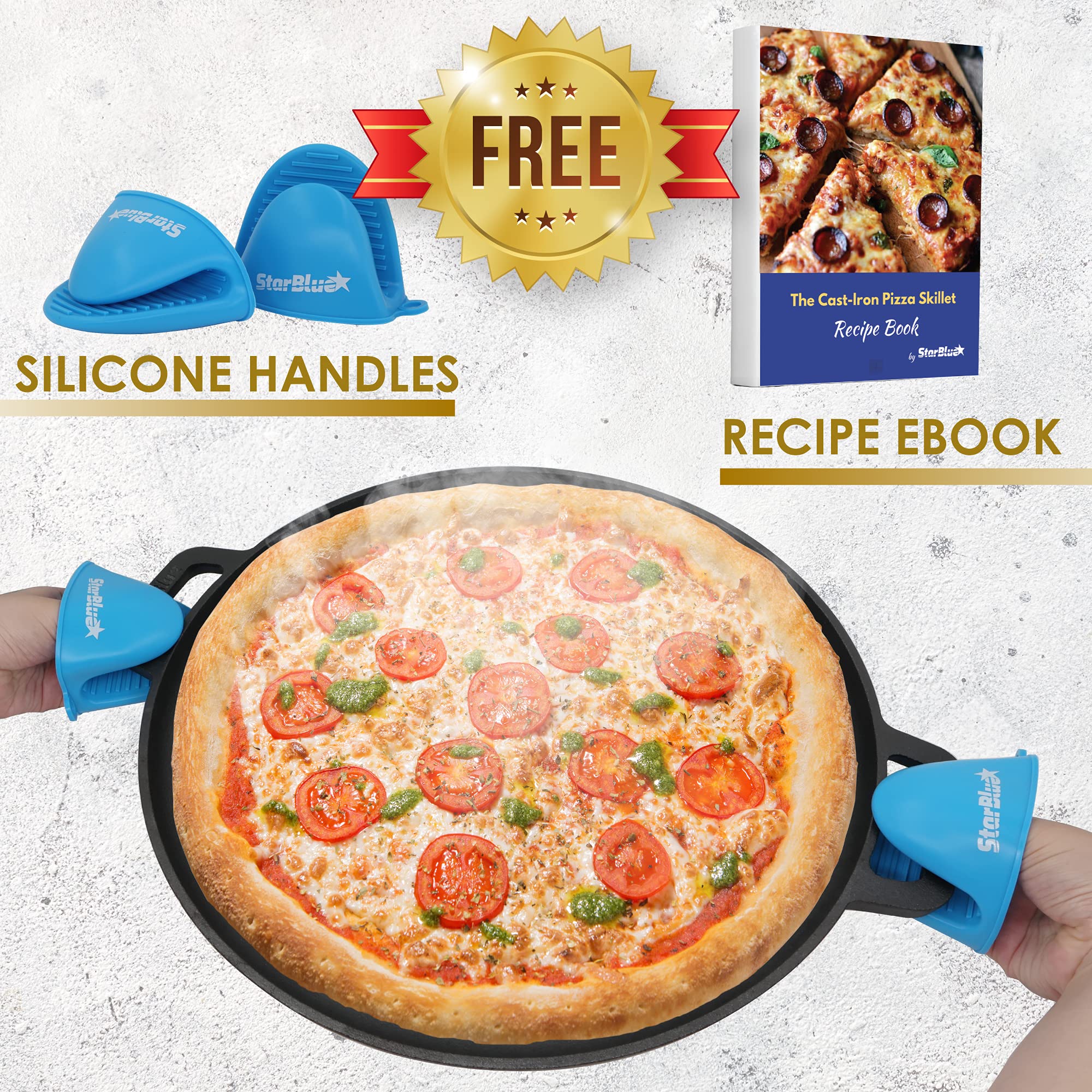 16 Inch Cast Iron Pizza Pan Round Griddle by StarBlue with FREE Silicone Handles and 30 Recipes Ebook– Pre-Seasoned Comal, Kitchen Essentials for Pizza Lovers, Baking, Grill, BBQ, Stove Oven Safe