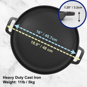 16 Inch Cast Iron Pizza Pan Round Griddle by StarBlue with FREE Silicone Handles and 30 Recipes Ebook– Pre-Seasoned Comal, Kitchen Essentials for Pizza Lovers, Baking, Grill, BBQ, Stove Oven Safe