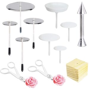 12 pcs cake decorating supplies, woohome 8 pcs 2 style cake flower nail, 2 pcs flower lifters and 1 pcs wood flower nails holder, 1 pcs cake icing dispensers for icing flowers decoration