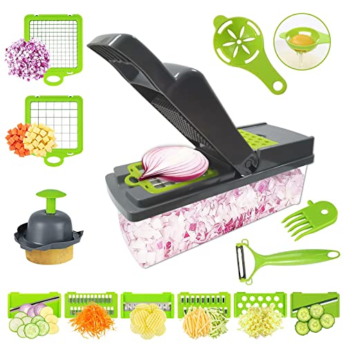 TeeFity Vegetable Chopper, Multifunctional Chopper Vegetable Cutter with 7 Interchangeable Blades, Mandoline Onion Dicer for Kitchen, Veggie Chopper Food Slicer with Container and Drain Basket