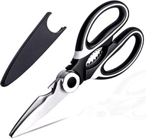 kitchen shears multi purpose strong stainless steel kitchen utility scissors with cover poulry,fish, meat, vegetables herbs, bones, dishwasher safe (black)