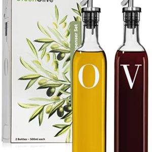 GREENOLIVE Professional Glass Oil and Vinegar Dispenser Set - Olive Oil Bottle with Pourer Caps, Ideal for Kitchen Use - Oil Dispenser Bottle Set (O & V Letters)