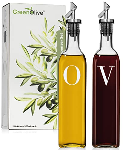 GREENOLIVE Professional Glass Oil and Vinegar Dispenser Set - Olive Oil Bottle with Pourer Caps, Ideal for Kitchen Use - Oil Dispenser Bottle Set (O & V Letters)