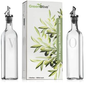 GREENOLIVE Professional Glass Oil and Vinegar Dispenser Set - Olive Oil Bottle with Pourer Caps, Ideal for Kitchen Use - Oil Dispenser Bottle Set (O & V Letters)