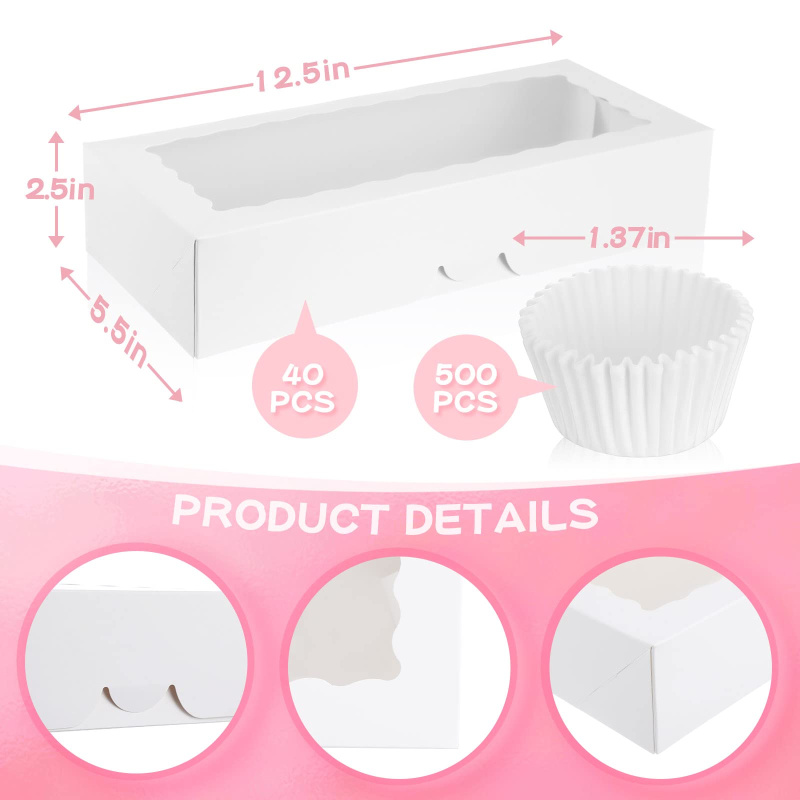 Zopeal 540 Pcs Valentines Day Cookie Strawberry Boxes with Window and Mini Cupcake Liner Set 40 Popup 12.5 x 5.5 x 2.5 Inch Treat Pastry Box and 500 Baking Cup for Valentines Baking Muffins Pastries