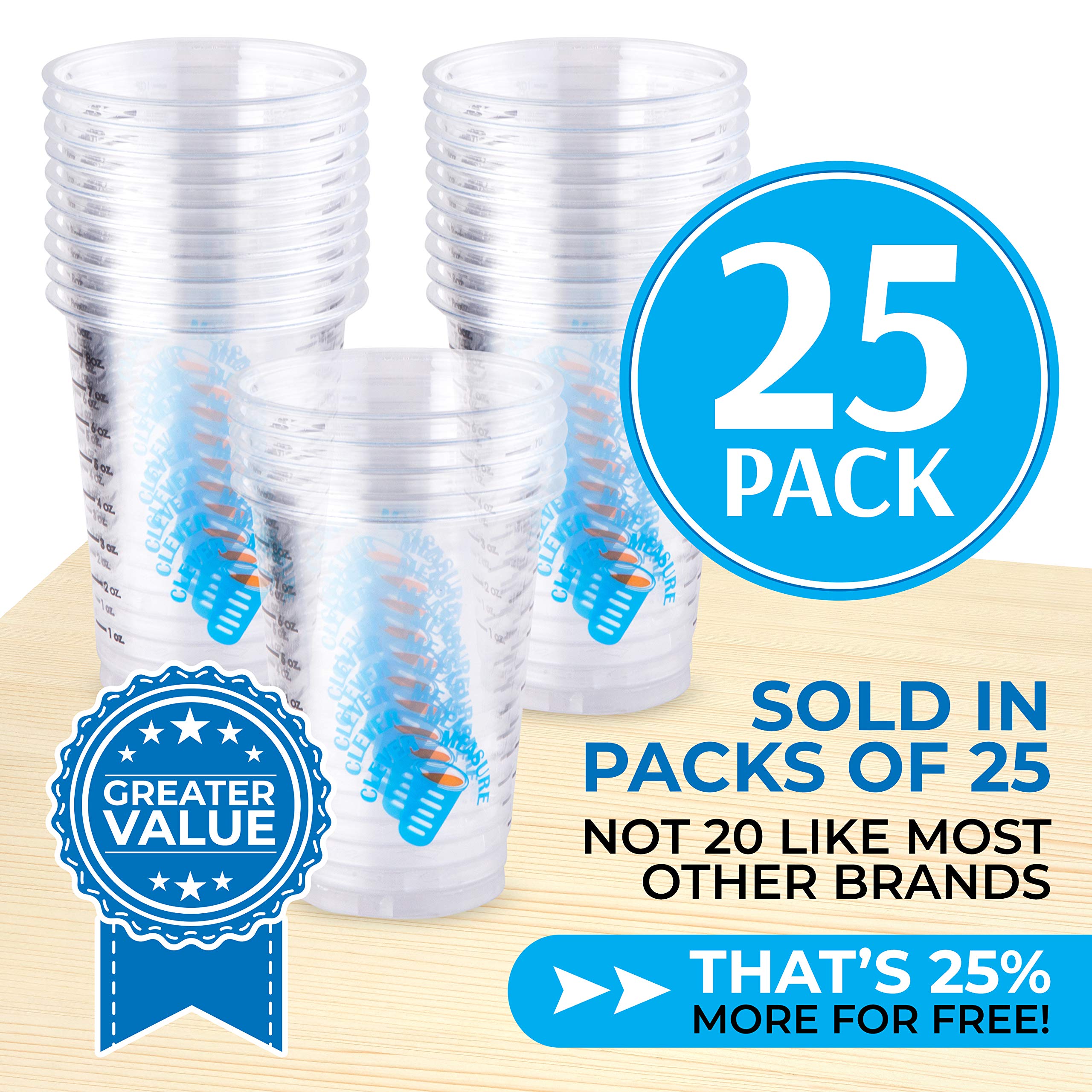 Clever Measure Disposable Mixing Cups Pack of 25 8oz Graduated Clear Plastic Measuring Cups Multipurpose Mixing Resin Epoxy Paint Stain Art Supplies Cooking & Baking Calibrated Measurements in ML & OZ