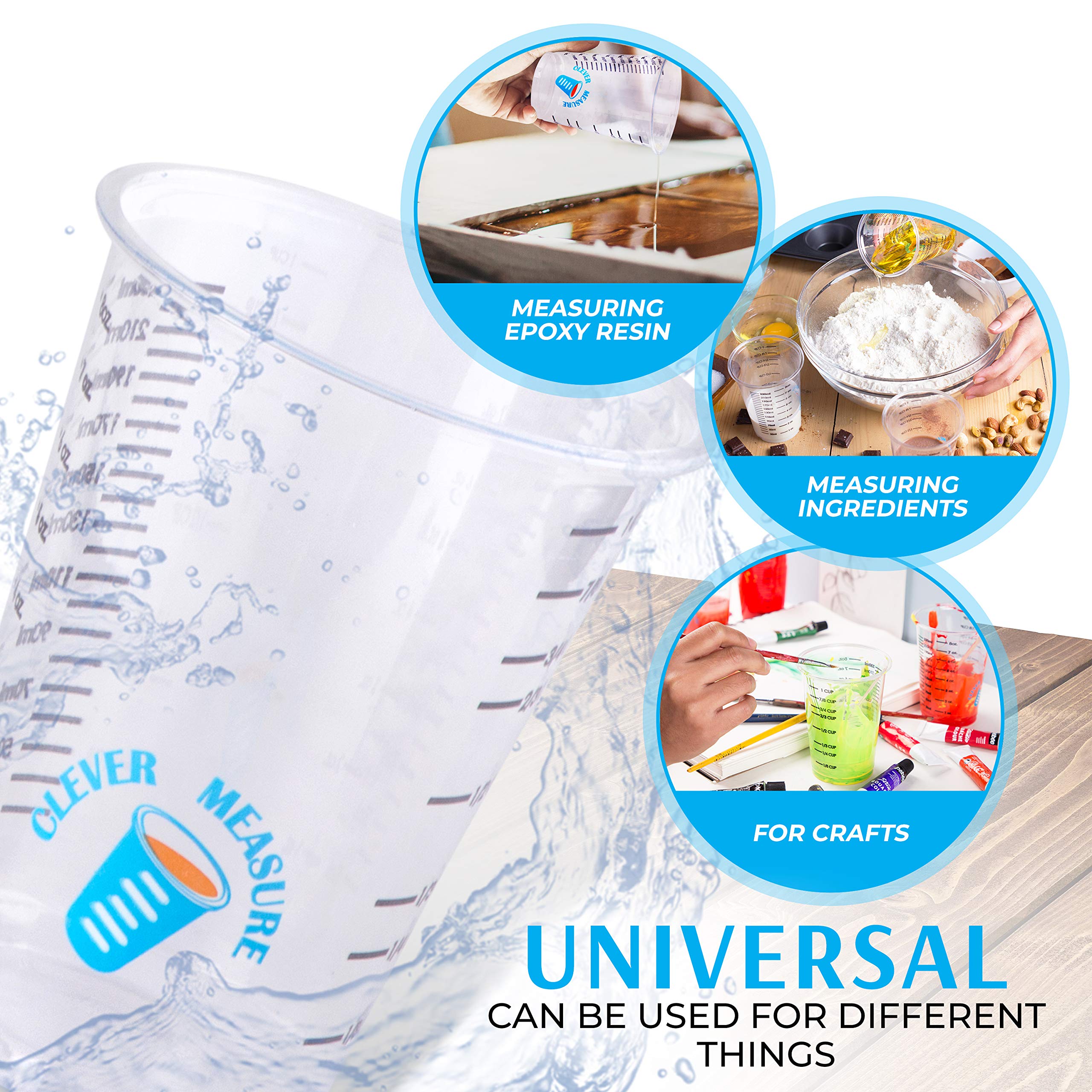 Clever Measure Disposable Mixing Cups Pack of 25 8oz Graduated Clear Plastic Measuring Cups Multipurpose Mixing Resin Epoxy Paint Stain Art Supplies Cooking & Baking Calibrated Measurements in ML & OZ