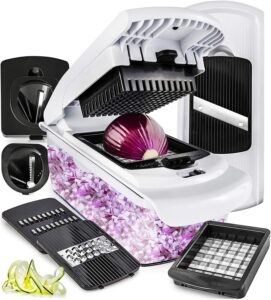 fullstar mandoline slicer for kitchen, vegetable slicer for cooking & meal prep, potato slicer, veggie slicer, mandoline food slicer with safety glove included (7 in 1, white)