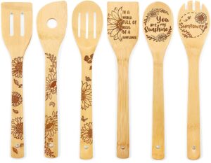 wooden spoons for cooking, 6pcs sunflower burned engraved bamboo spoons set, sunflower kitchen decor and accessories, sunflowes cooking utensil gifts ideas for housewarming wedding birthday shower