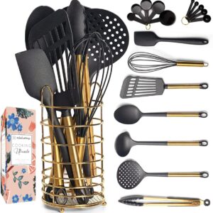 Black and Gold Kitchen Utensils with Stainless Steel Gold Utensil Holder -18 PC Black and Gold Cooking Utensils Set Includes Black and Gold Measuring Cups and Spoons Set- Gold Kitchen Accessories