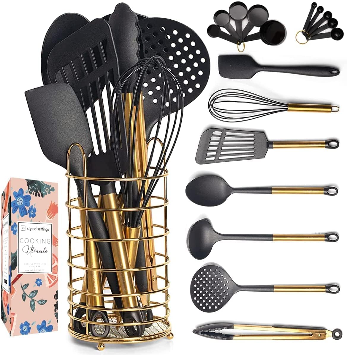 Black and Gold Kitchen Utensils with Stainless Steel Gold Utensil Holder -18 PC Black and Gold Cooking Utensils Set Includes Black and Gold Measuring Cups and Spoons Set- Gold Kitchen Accessories