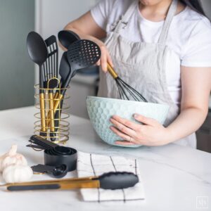 Black and Gold Kitchen Utensils with Stainless Steel Gold Utensil Holder -18 PC Black and Gold Cooking Utensils Set Includes Black and Gold Measuring Cups and Spoons Set- Gold Kitchen Accessories