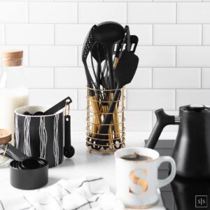 Black and Gold Kitchen Utensils with Stainless Steel Gold Utensil Holder -18 PC Black and Gold Cooking Utensils Set Includes Black and Gold Measuring Cups and Spoons Set- Gold Kitchen Accessories