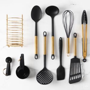 Black and Gold Kitchen Utensils with Stainless Steel Gold Utensil Holder -18 PC Black and Gold Cooking Utensils Set Includes Black and Gold Measuring Cups and Spoons Set- Gold Kitchen Accessories