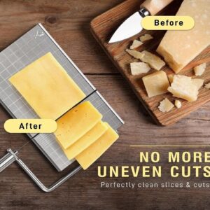 Cheese Slicer With Wire - Cheese Slicers for Block Cheese Incl. 8 Extra Wires with Accurate Size Scale On Cheese Slicer Board for Prices Cuts - Ideal Cheese Cutter with Wire for Charcuterie Boards