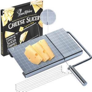 Cheese Slicer With Wire - Cheese Slicers for Block Cheese Incl. 8 Extra Wires with Accurate Size Scale On Cheese Slicer Board for Prices Cuts - Ideal Cheese Cutter with Wire for Charcuterie Boards