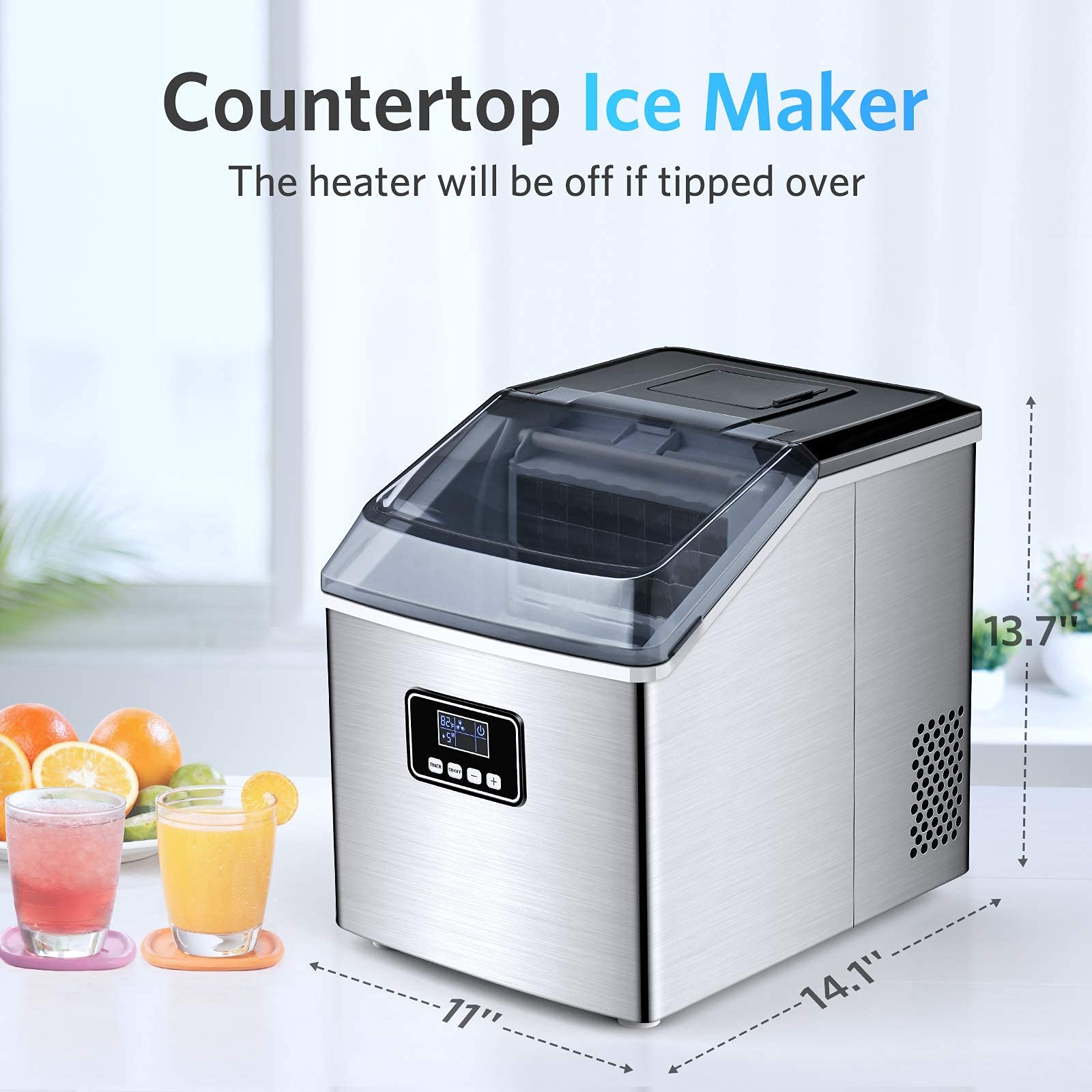 Ice Maker Machine Countertop, 40Lbs/24H Auto Self-Cleaning, 24 pcs Ice Cube in 13 Mins, FREE VILLAGE Portable Compact Ice Cube Maker, With Ice Scoop & Basket, Ideal for Home/Kitchen/Office/Bar, Silver