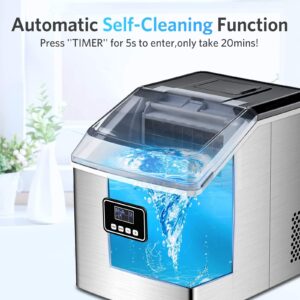 Ice Maker Machine Countertop, 40Lbs/24H Auto Self-Cleaning, 24 pcs Ice Cube in 13 Mins, FREE VILLAGE Portable Compact Ice Cube Maker, With Ice Scoop & Basket, Ideal for Home/Kitchen/Office/Bar, Silver