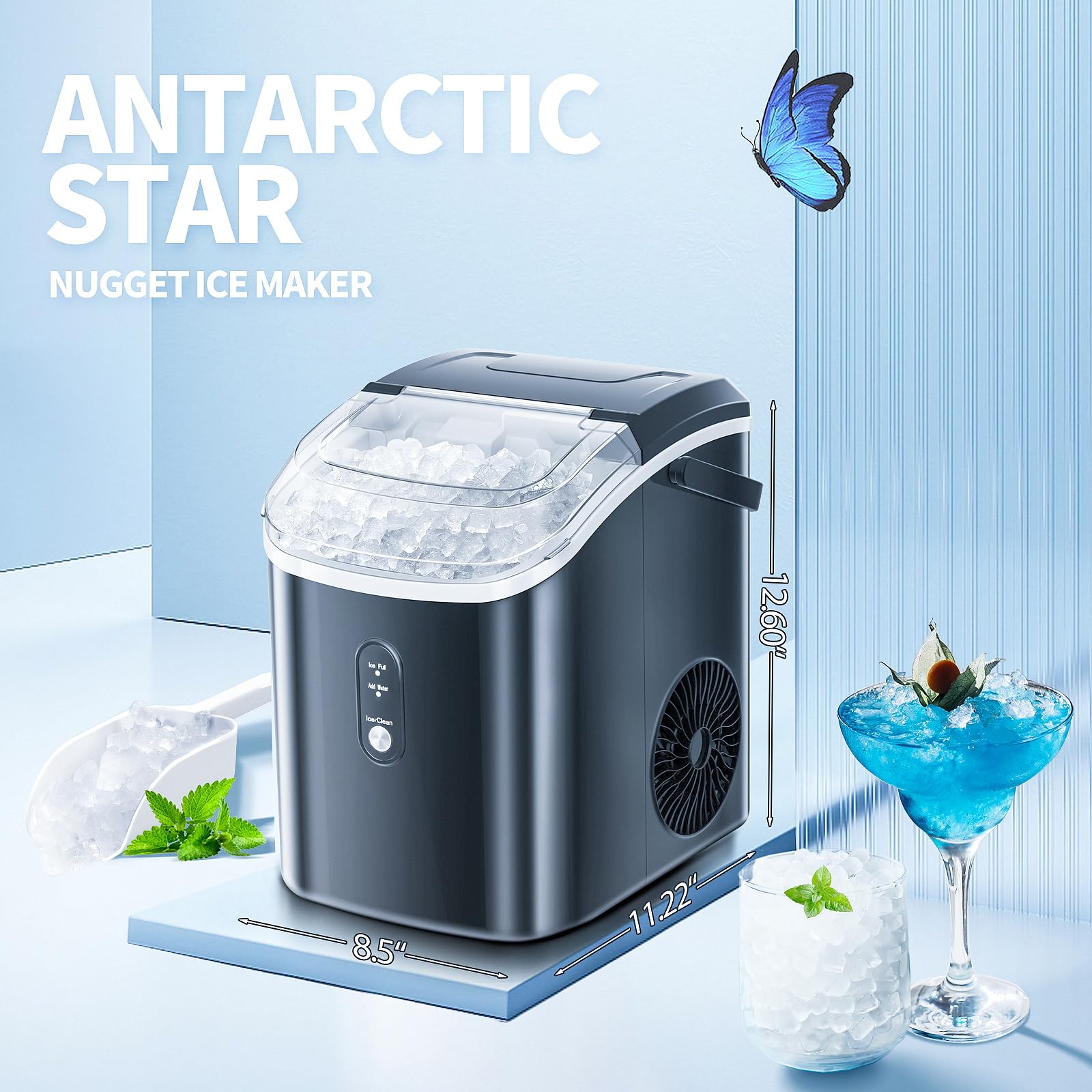 Antarctic Star Countertop Ice Maker Portable Ice Machine with Handle,Self-Cleaning Ice Makers, 26Lbs/24H,S/L, 9 Ice Cubes Ready in 6 Mins for Home Kitchen Party Bar Black