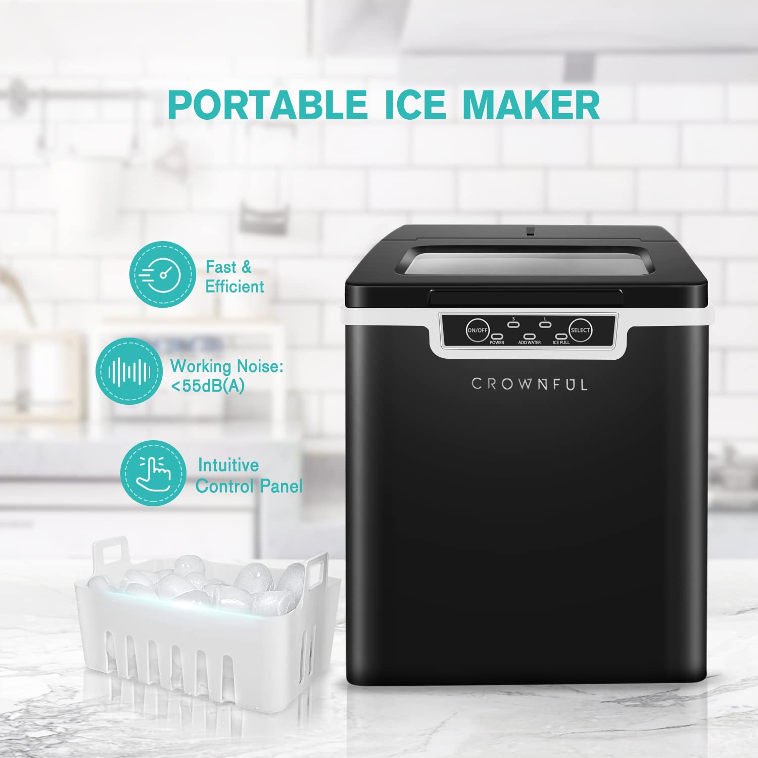 CROWNFUL Ice Maker Countertop Machine, 9 Bullet Ice Cubes Ready in 8 Minutes, 26lbs Ice in 24H, Electric Portable Ice Maker with Scoop and Basket for Home, Kitchen, Office, Party - Black