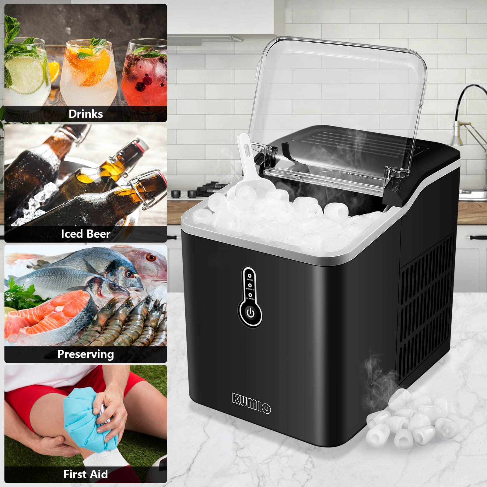 KUMIO Ice Makers Countertop, 9 Thick Bullet Ice Ready in 6-9 Mins, 26.5 Lbs in 24Hrs, Portable Ice Maker with Ice Scoop and Basket, Compact Design for Home Kitchen Office Bar Party, Black