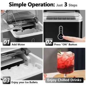 KUMIO Ice Makers Countertop, 9 Thick Bullet Ice Ready in 6-9 Mins, 26.5 Lbs in 24Hrs, Portable Ice Maker with Ice Scoop and Basket, Compact Design for Home Kitchen Office Bar Party, Black