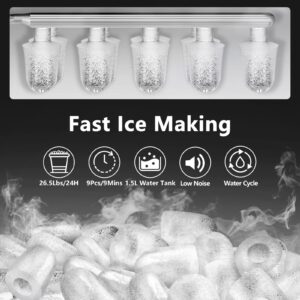 KUMIO Ice Makers Countertop, 9 Thick Bullet Ice Ready in 6-9 Mins, 26.5 Lbs in 24Hrs, Portable Ice Maker with Ice Scoop and Basket, Compact Design for Home Kitchen Office Bar Party, Black