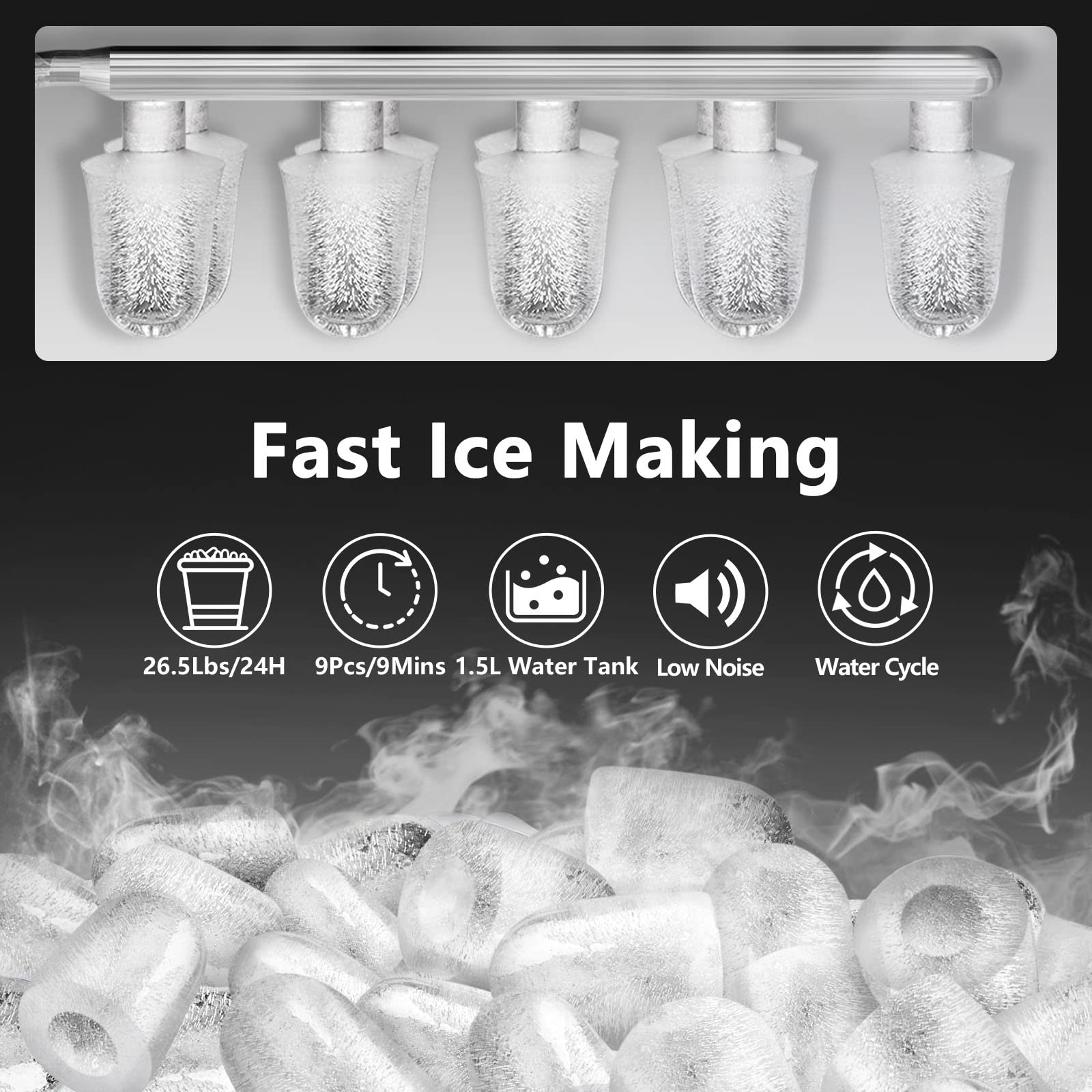 KUMIO Ice Makers Countertop, 9 Thick Bullet Ice Ready in 6-9 Mins, 26.5 Lbs in 24Hrs, Portable Ice Maker with Ice Scoop and Basket, Compact Design for Home Kitchen Office Bar Party, Black