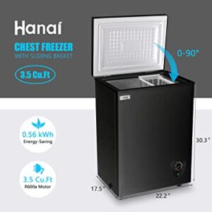 Chest Freezer Small Freezer Black Deep Freezers 3.5 Cu.Ft Compact Freezer Free-Standing Top Door Freezer Adjustable 7 Thermostat and Removable Basket Open Deep Freezer Energy Saving Apartment Kitchen