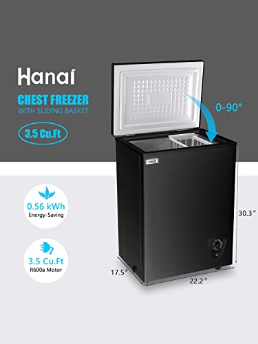 Chest Freezer Small Freezer Black Deep Freezers 3.5 Cu.Ft Compact Freezer Free-Standing Top Door Freezer Adjustable 7 Thermostat and Removable Basket Open Deep Freezer Energy Saving Apartment Kitchen