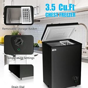 Chest Freezer Small Freezer Black Deep Freezers 3.5 Cu.Ft Compact Freezer Free-Standing Top Door Freezer Adjustable 7 Thermostat and Removable Basket Open Deep Freezer Energy Saving Apartment Kitchen