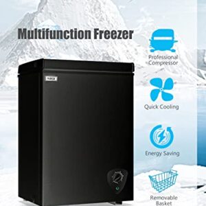 Chest Freezer Small Freezer Black Deep Freezers 3.5 Cu.Ft Compact Freezer Free-Standing Top Door Freezer Adjustable 7 Thermostat and Removable Basket Open Deep Freezer Energy Saving Apartment Kitchen