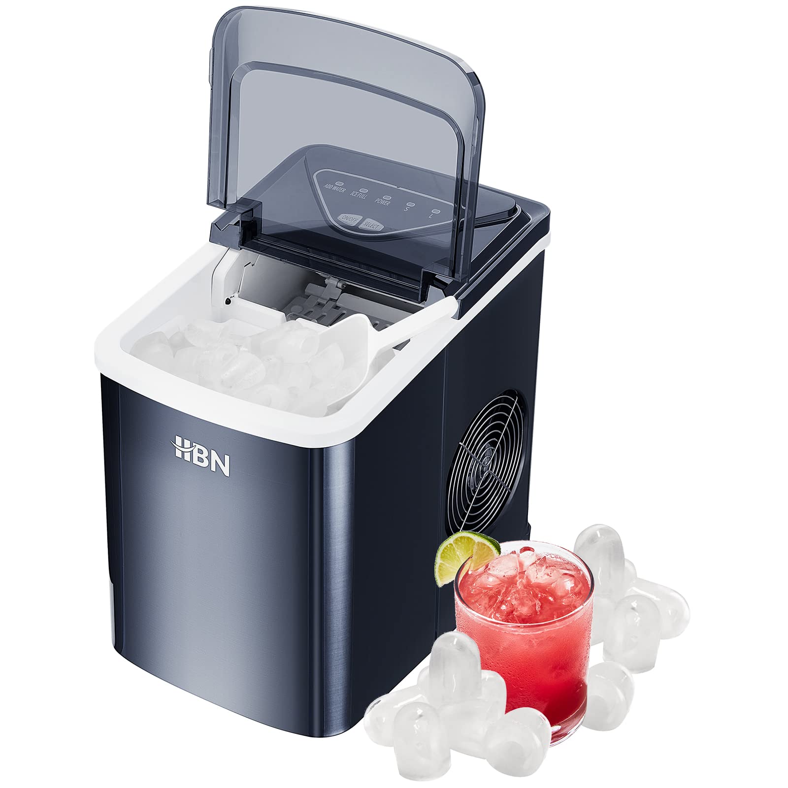 HBN Ice Maker - Portable Countertop Ice Maker Machine with Self Cleaning, 26 lbs ice in 24 Hours, 9 Cubes Ready in 6 Mins with Ice Scoop and Basket for Home/Kitchen/Office/Bar/Restaurant