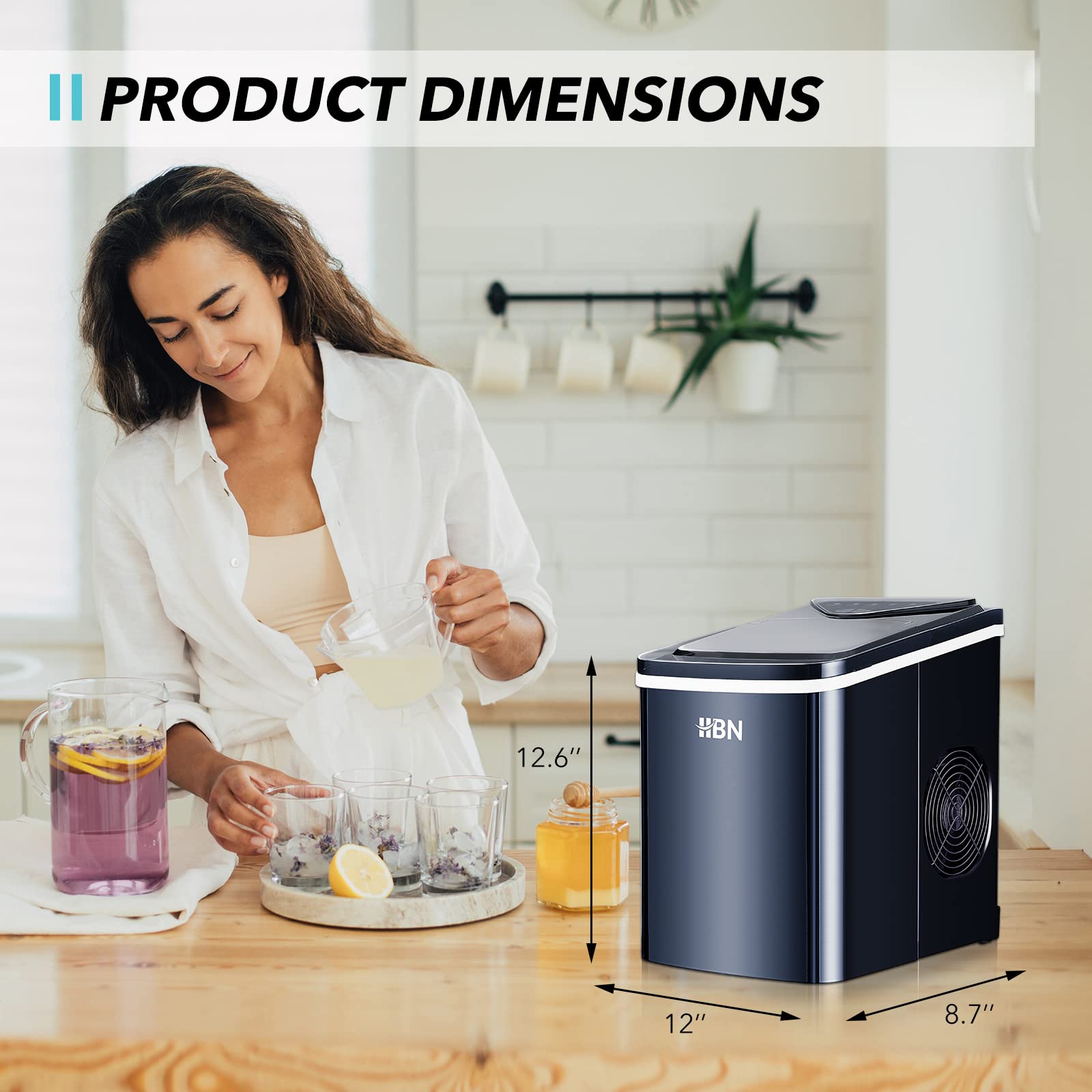 HBN Ice Maker - Portable Countertop Ice Maker Machine with Self Cleaning, 26 lbs ice in 24 Hours, 9 Cubes Ready in 6 Mins with Ice Scoop and Basket for Home/Kitchen/Office/Bar/Restaurant