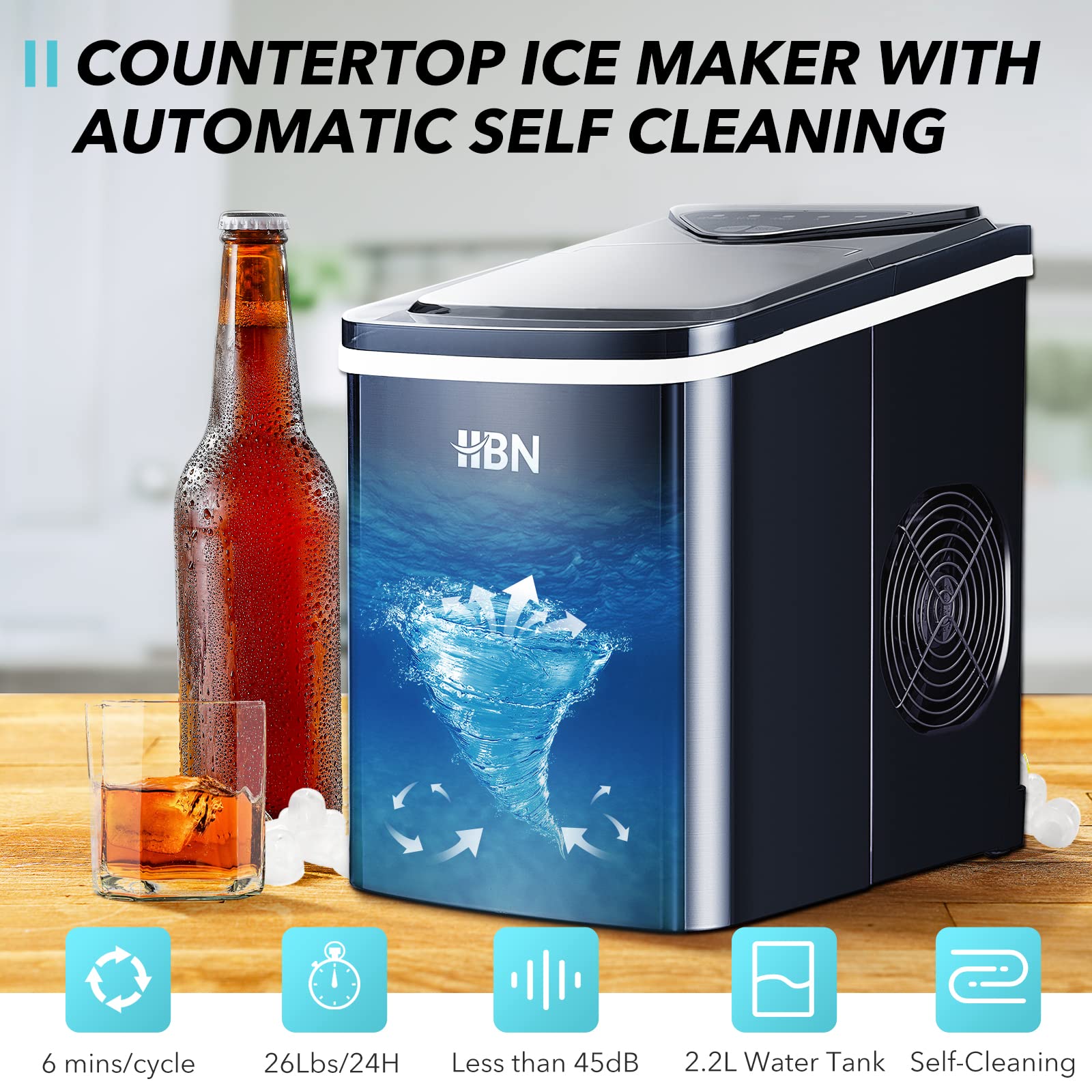 HBN Ice Maker - Portable Countertop Ice Maker Machine with Self Cleaning, 26 lbs ice in 24 Hours, 9 Cubes Ready in 6 Mins with Ice Scoop and Basket for Home/Kitchen/Office/Bar/Restaurant