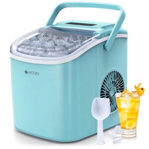 ecozy portable ice maker countertop, 9 cubes ready in 6 mins, 26 lbs in 24 hours, self-cleaning machine with ice bags/standing ice scoop/ice basket for kitchen office bar party, aqua