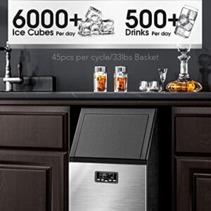 Joy Pebble Ice Maker Commercial,100lbs/24H/4,400pcs, 45 Cubes/Cycle,Ice Size Control,24H Timer,Freestanding Ice Maker Machine Under Counter, Ideal for Restaurants, Bars,Offices and Home Parties