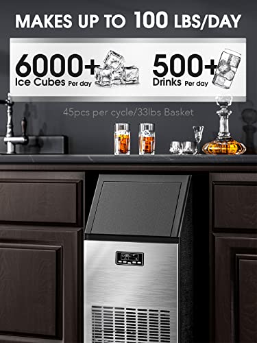 Joy Pebble Ice Maker Commercial,100lbs/24H/4,400pcs, 45 Cubes/Cycle,Ice Size Control,24H Timer,Freestanding Ice Maker Machine Under Counter, Ideal for Restaurants, Bars,Offices and Home Parties