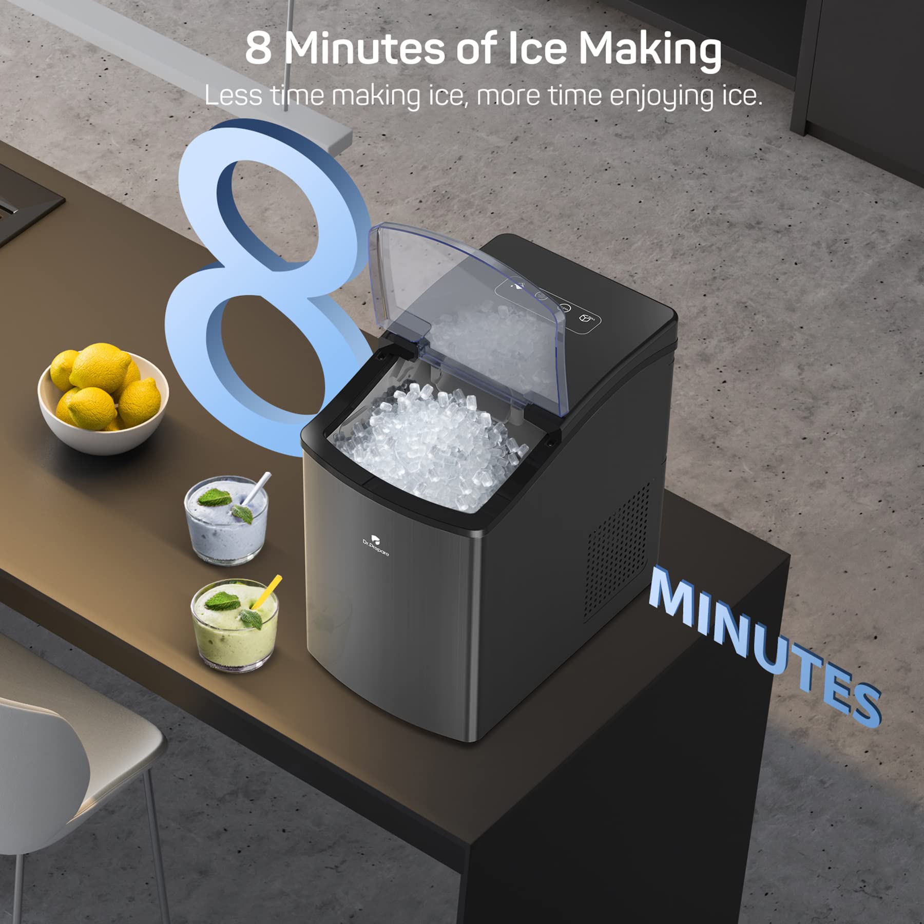 Dr.Prepare Countertop Nugget Ice Maker, Pebble Ice Machine, Produces Ice in 8 Mins, 40 lbs Per Day, 3.2L Large Water Tank, Self Cleaning, for Home, Office and Bar