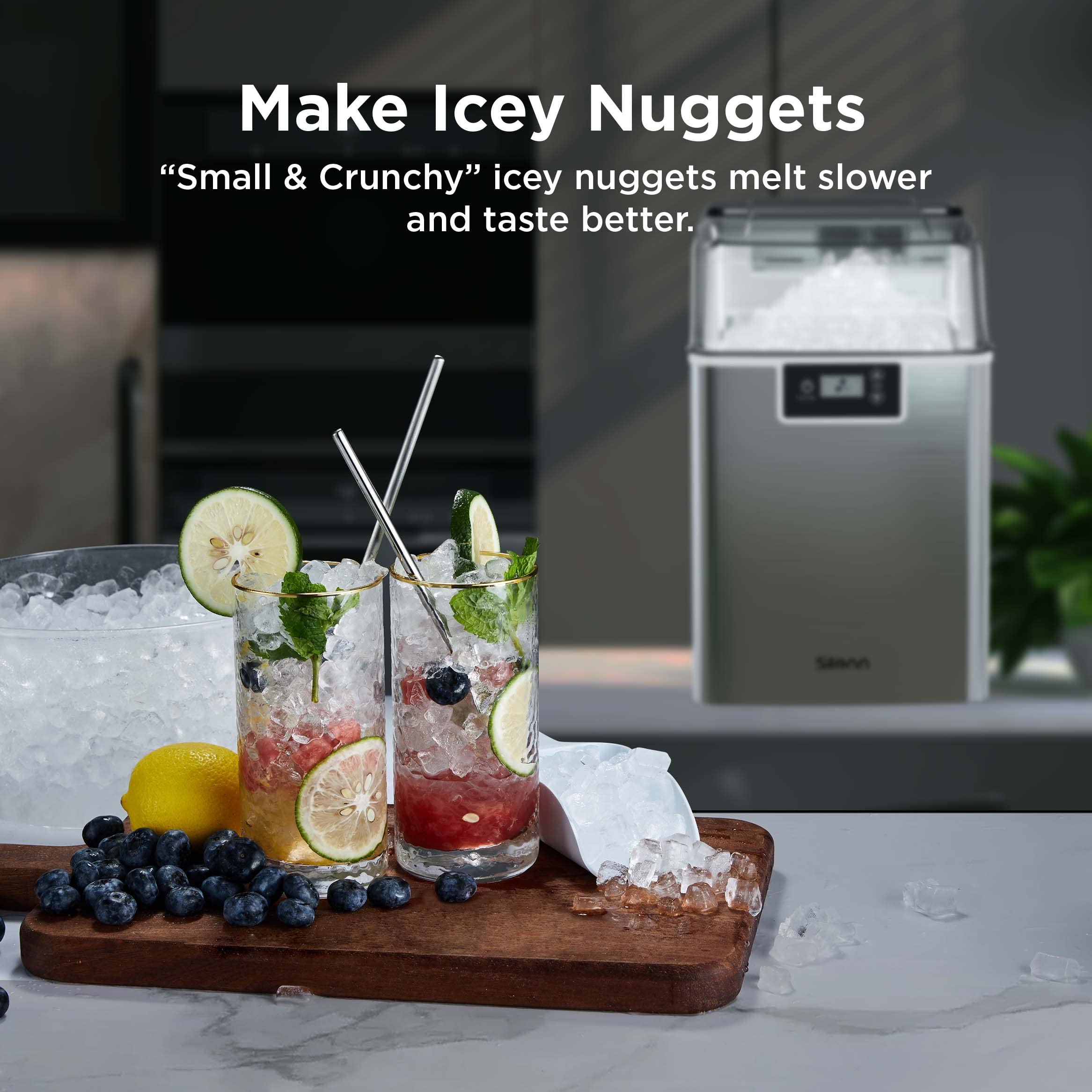 Silonn Compact Nugget Ice Maker，44lbs/Day Pellet Ice Maker Machine with Timer & Self-Cleaning Function, Portable Countertop Ice Maker for Home, Office, Bar, Perfect for Cocktails & Smoothies