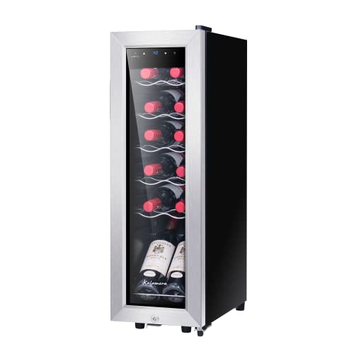 Kalamera Mini Fridge Wine Cooler, 12 Bottle Compressor Freestanding Wine Refrigerator - Single Zone with Stainless Steel Glass Door for Home, Office, Bar, 41°F to 64°F, Drink Fridge.