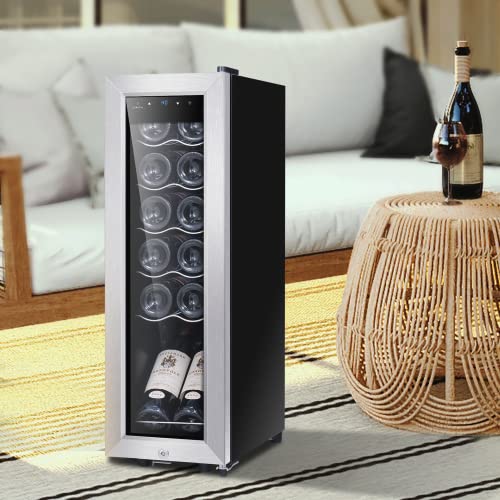 Kalamera Mini Fridge Wine Cooler, 12 Bottle Compressor Freestanding Wine Refrigerator - Single Zone with Stainless Steel Glass Door for Home, Office, Bar, 41°F to 64°F, Drink Fridge.